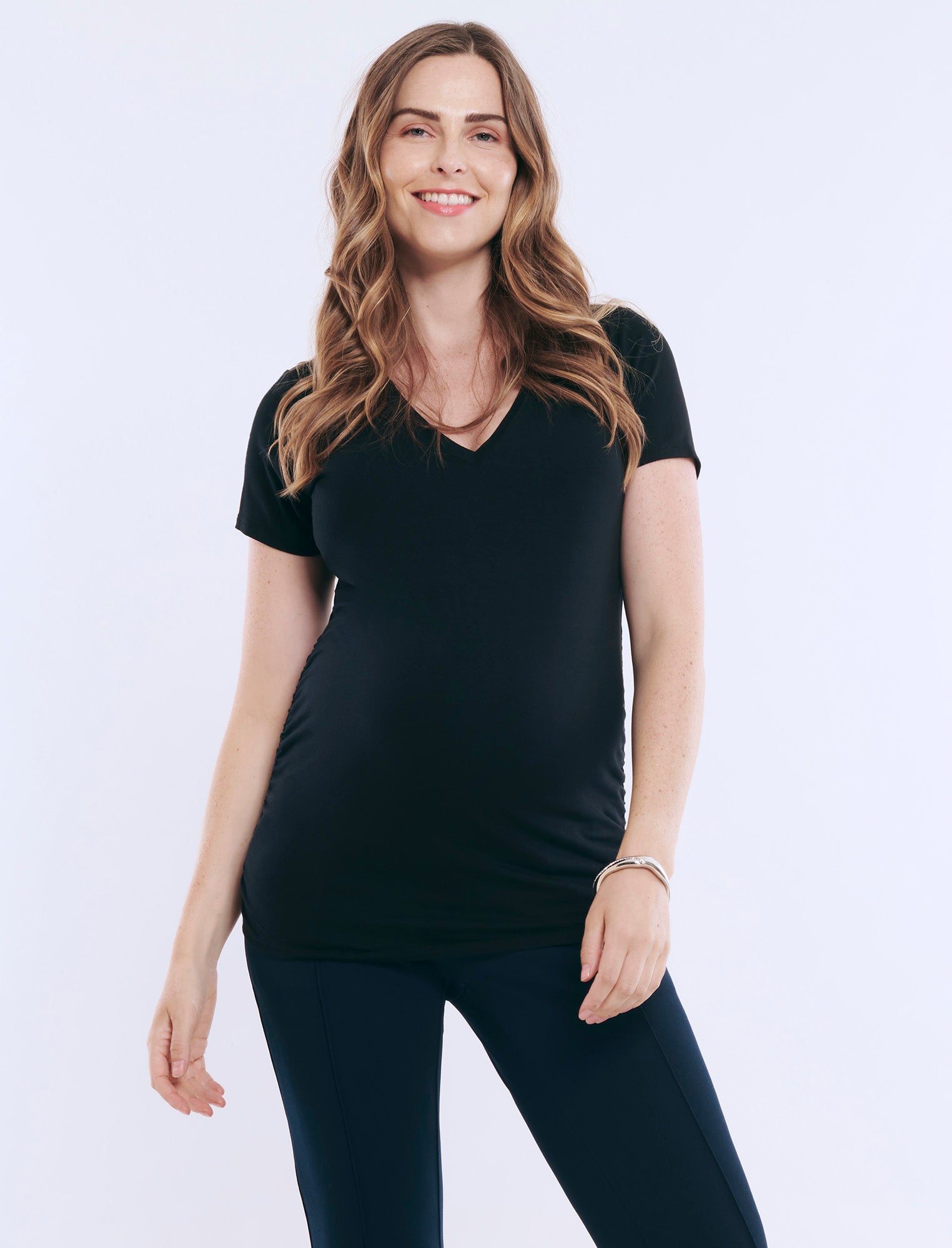 Side Ruched Short Sleeve V-Neck Maternity Tee