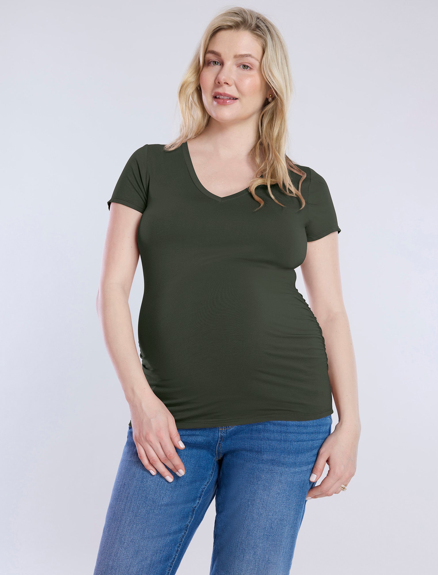 Side Ruched Short Sleeve V-Neck Maternity Tee