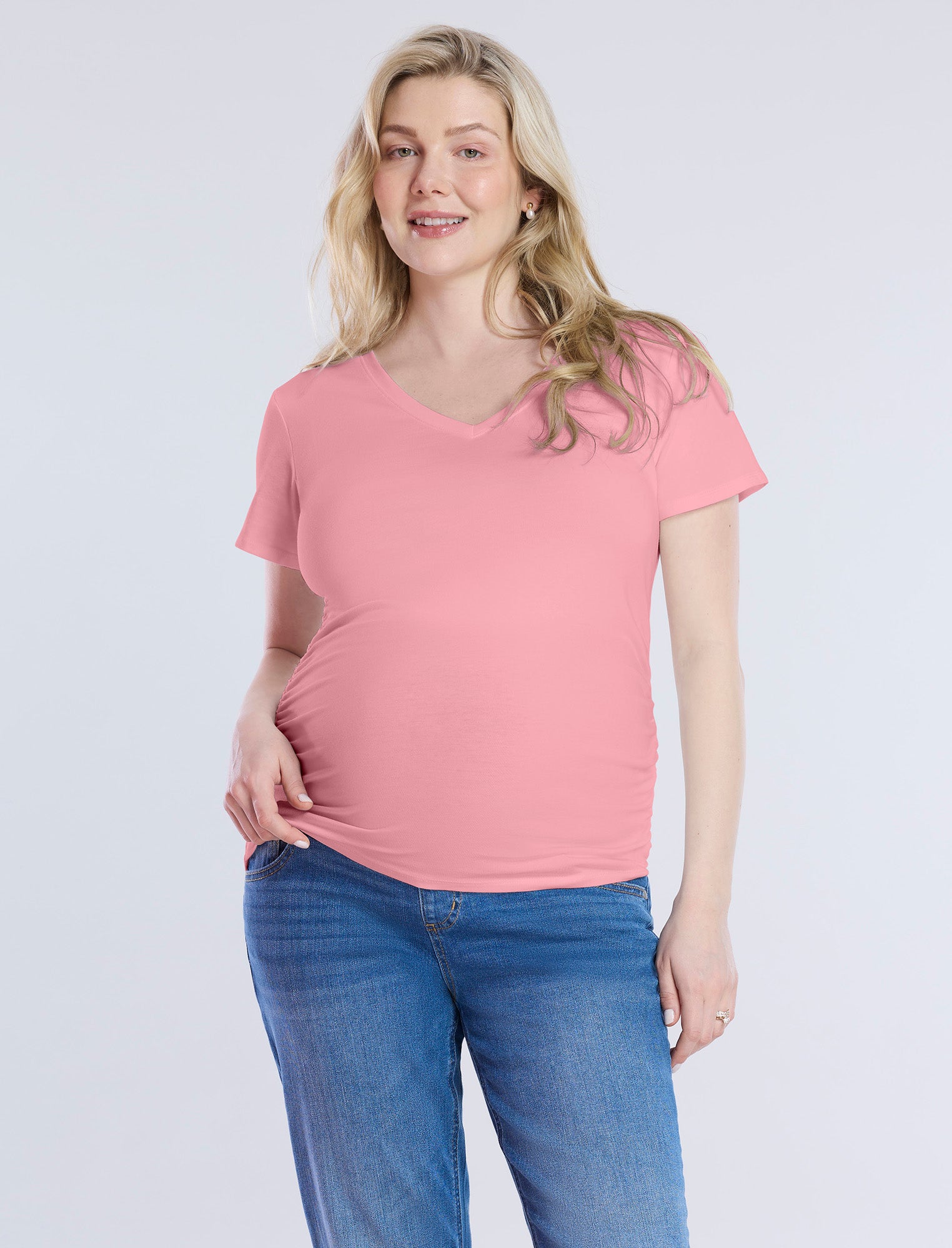 Side Ruched Short Sleeve V-Neck Maternity Tee