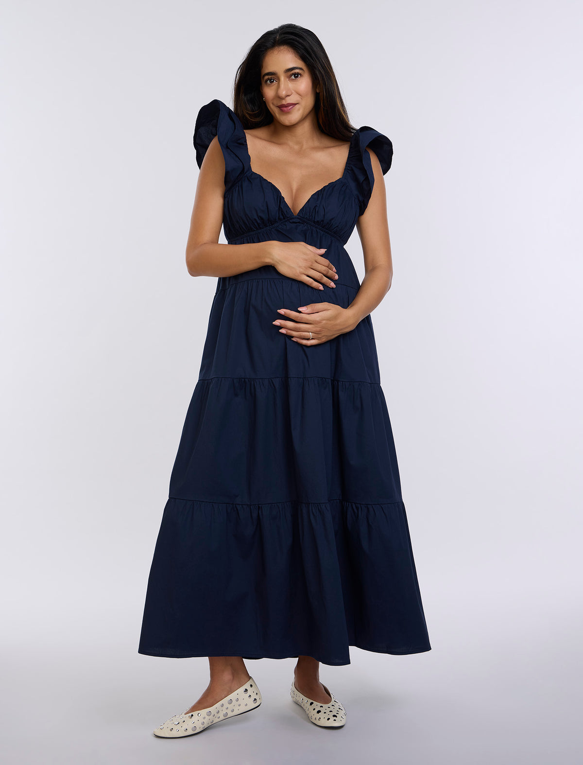 Navy Blazer Empire Ruffle Sleeve Maxi Dress | Motherhood